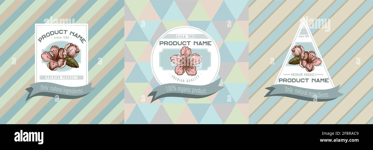 Three colored labels with illustration of peach flowers Stock Vector ...