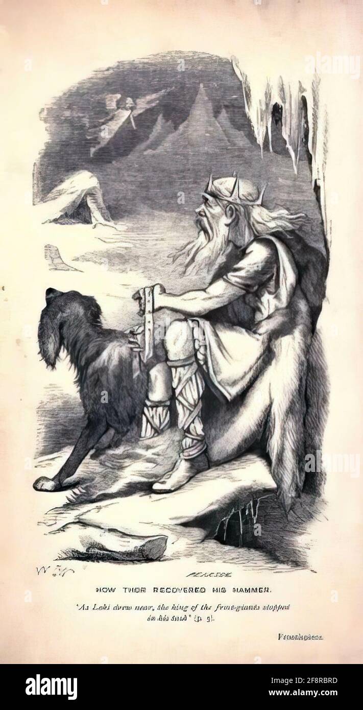 Illustration of an old Thor sitting with his hammer and a dog,19th ...