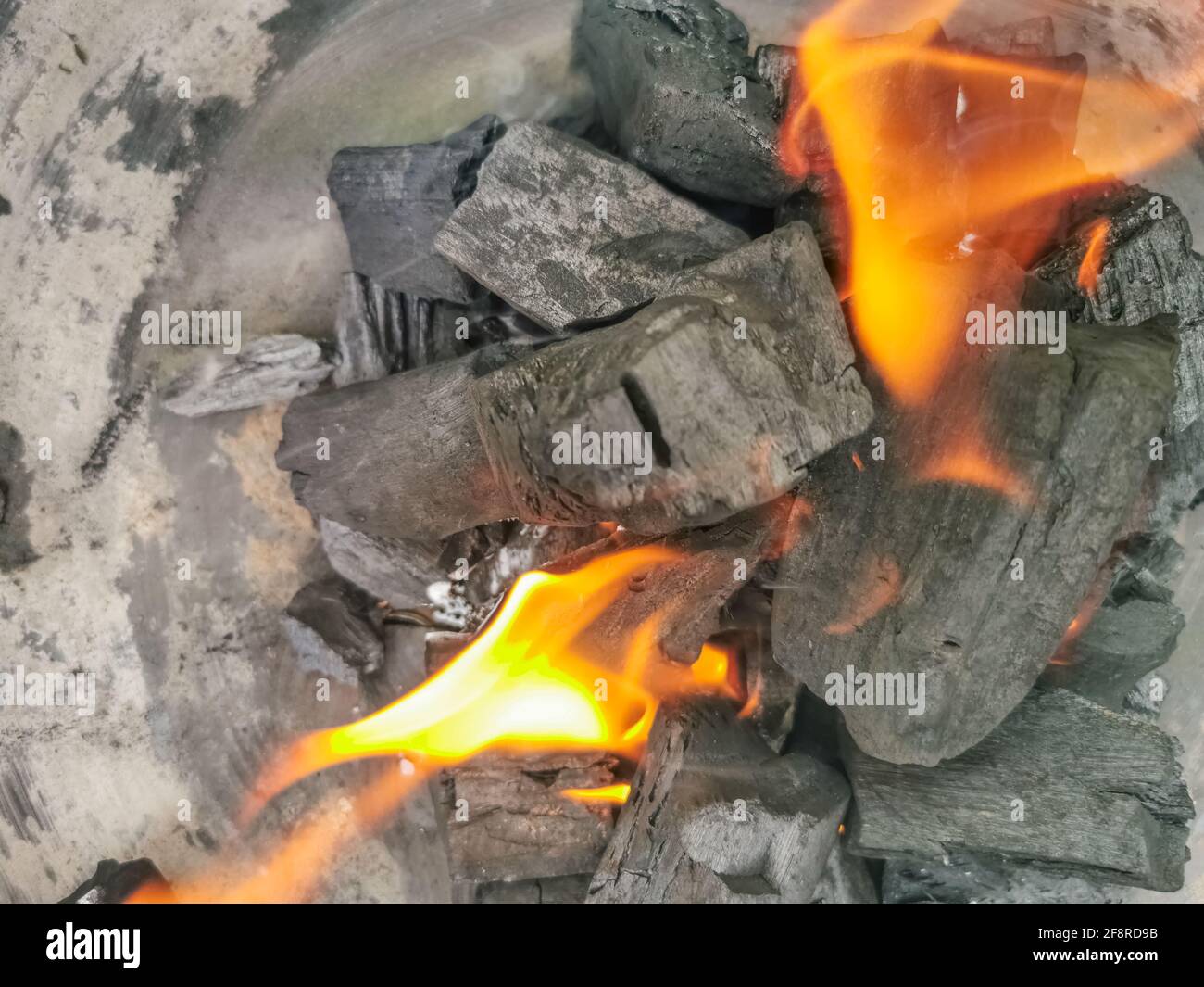 Macro view of burning coal embers bonfire, detail of coal texture Stock ...