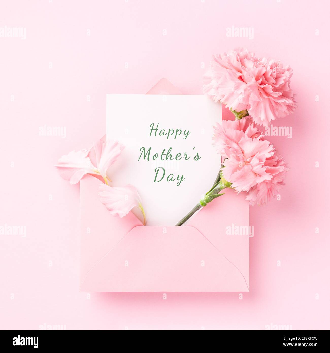 Happy Mothers Day Card In Pink Envelope With Carnations On Pink
