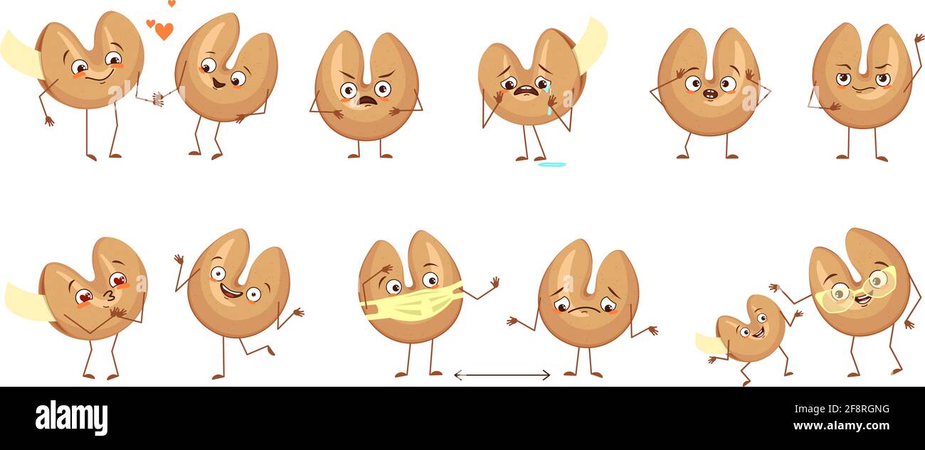 Set of cute characters chinese fortune cookies with emotions, faces ...