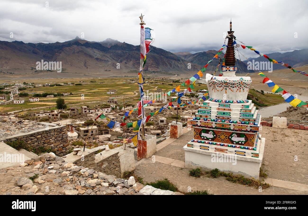 View of Stupa in Padum village Zanskar river and Padum monastery ...