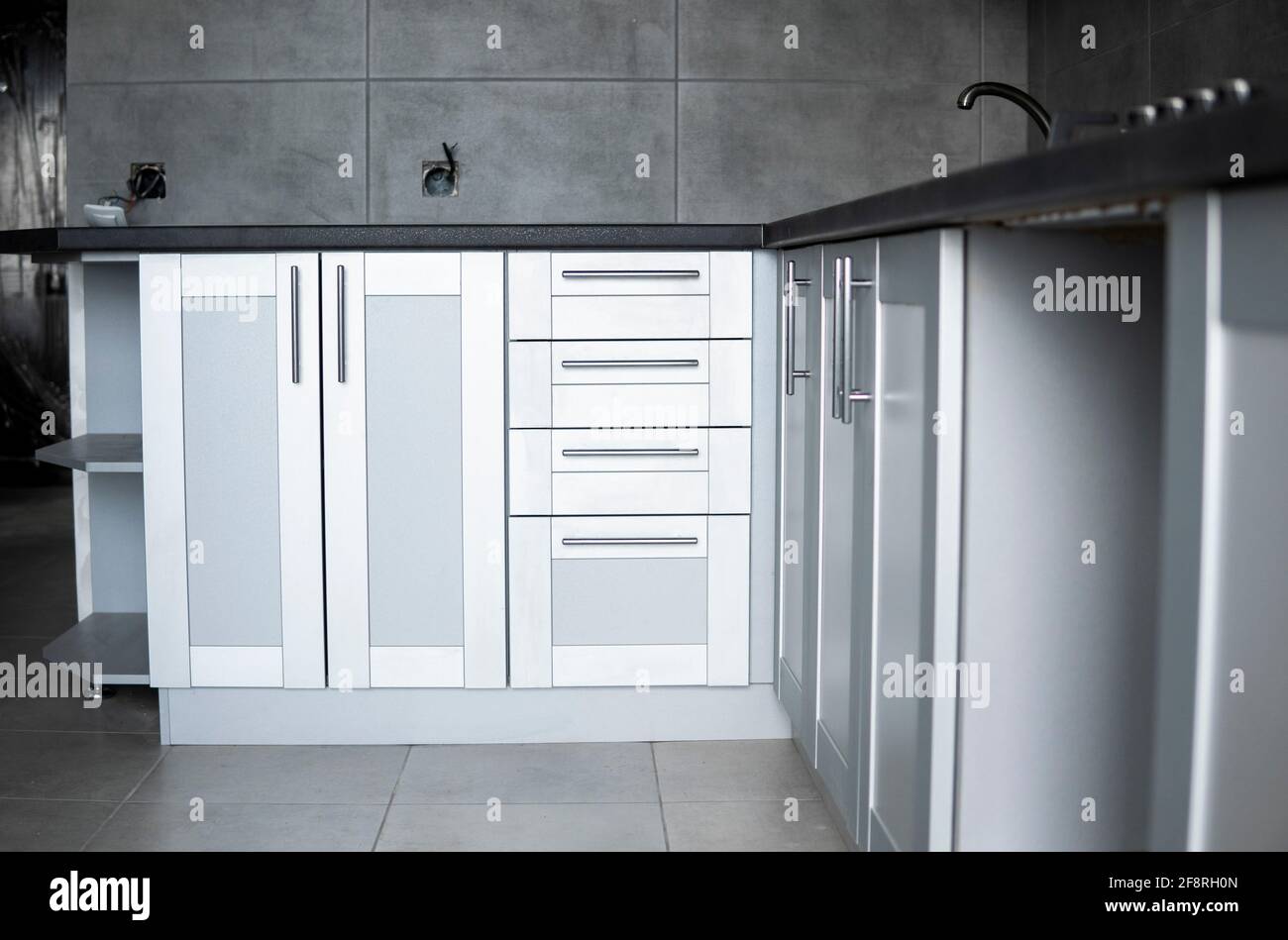 Modern minimalism style kitchen interior in monochrome tones. Custom ...