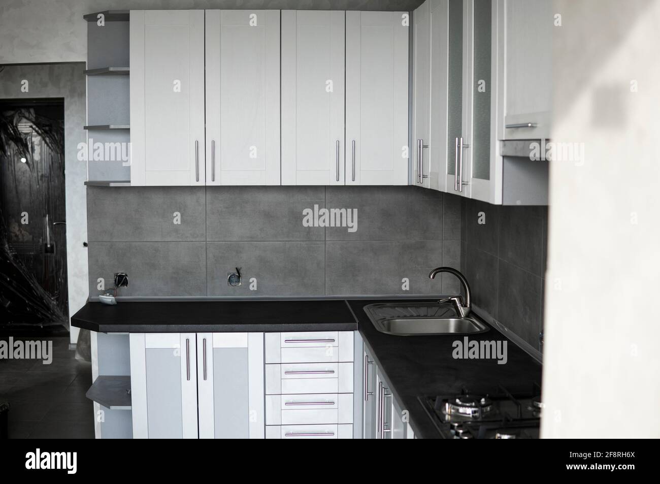Modern minimalism style kitchen interior in monochrome tones. Custom ...
