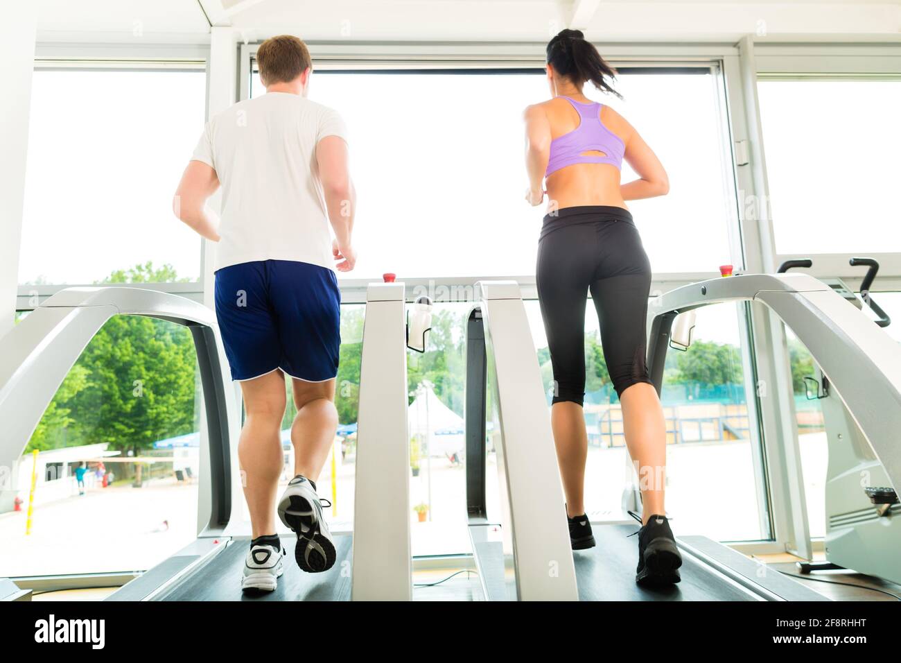 Running on treadmill in gym or fitness club - man and woman exercising ...