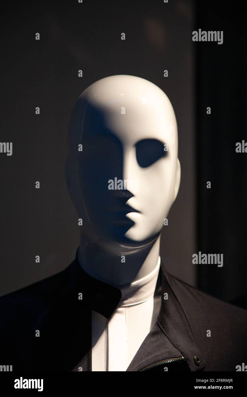 Portrait Of Stylised White Faced Mannequin in Shop Window Stock Photo ...