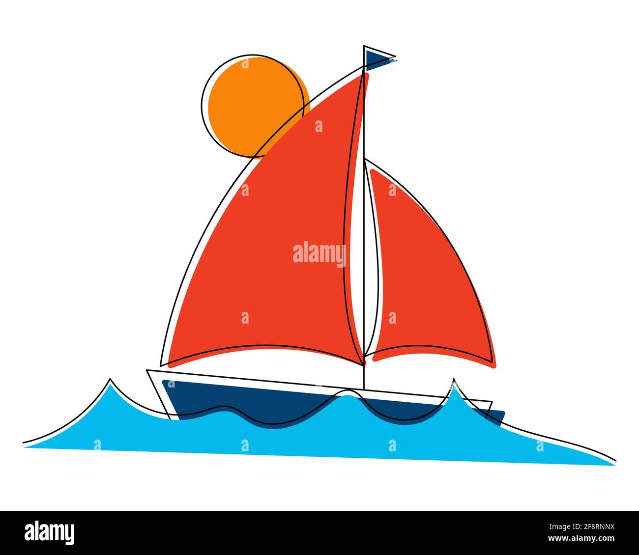 Sailboat on the waves with line art elements. Nautical theme. Vector ...