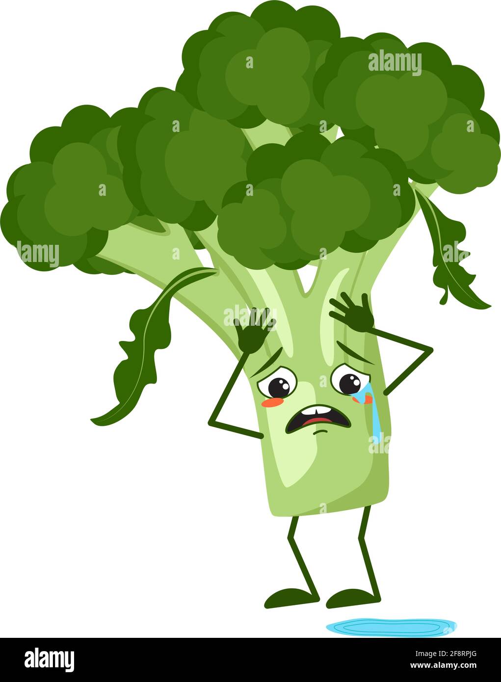 Cute broccoli characters with crying and tears emotions, face, arms and ...