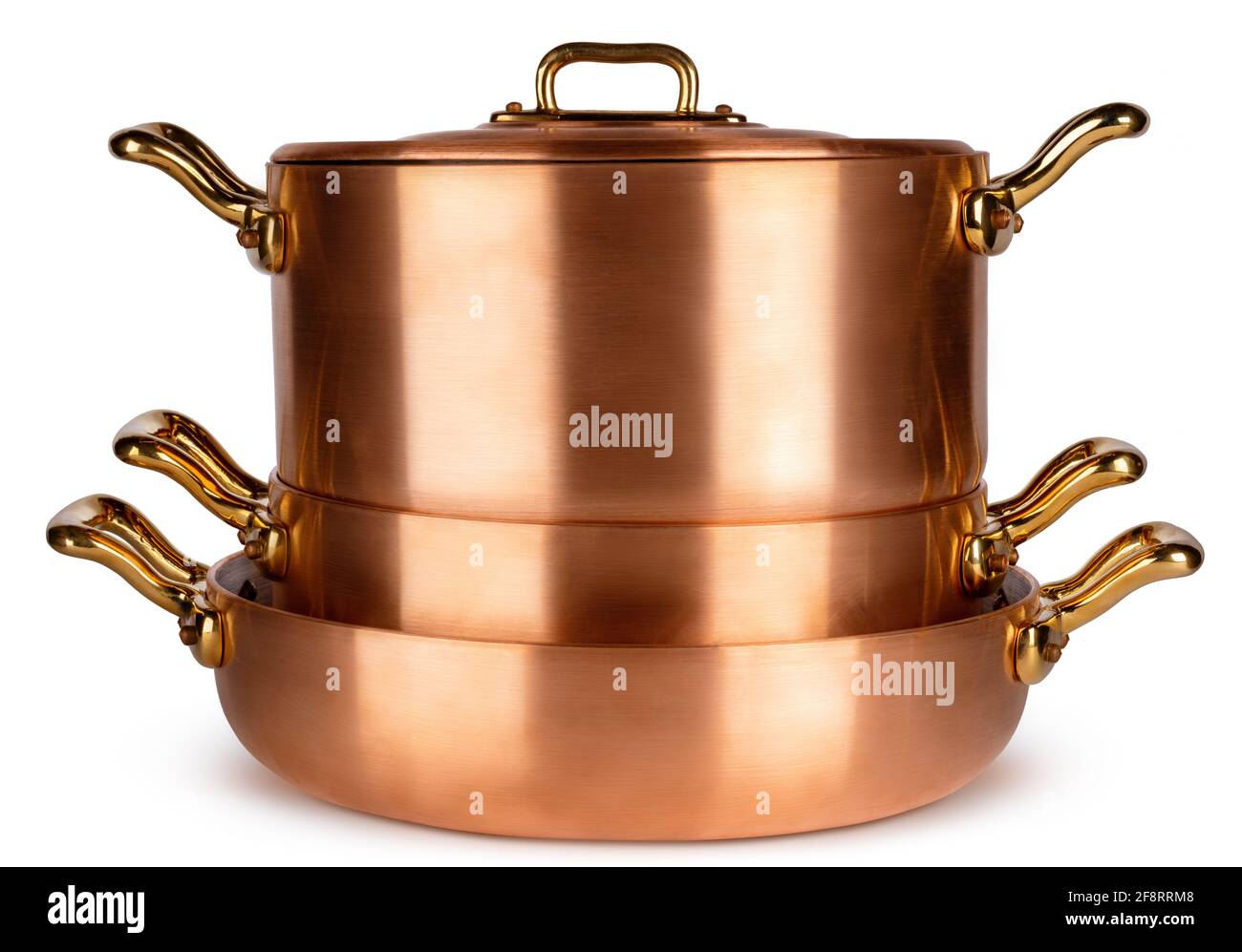 Copper cookware set isolated on white background Stock Photo - Alamy
