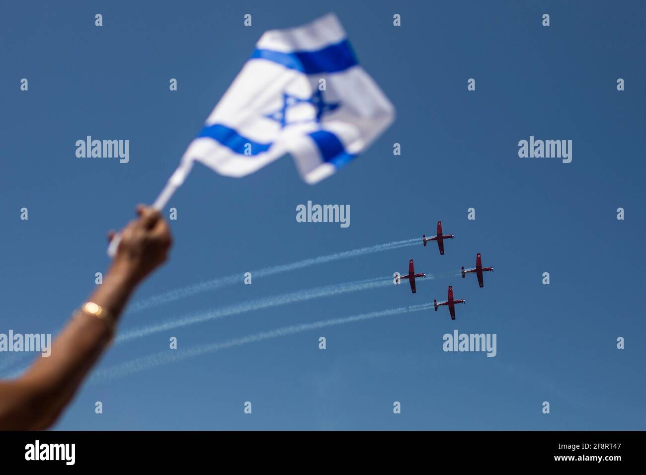 Tel Aviv, Israel. 15th Apr, 2021. People watch an Israeli Air Force fly ...