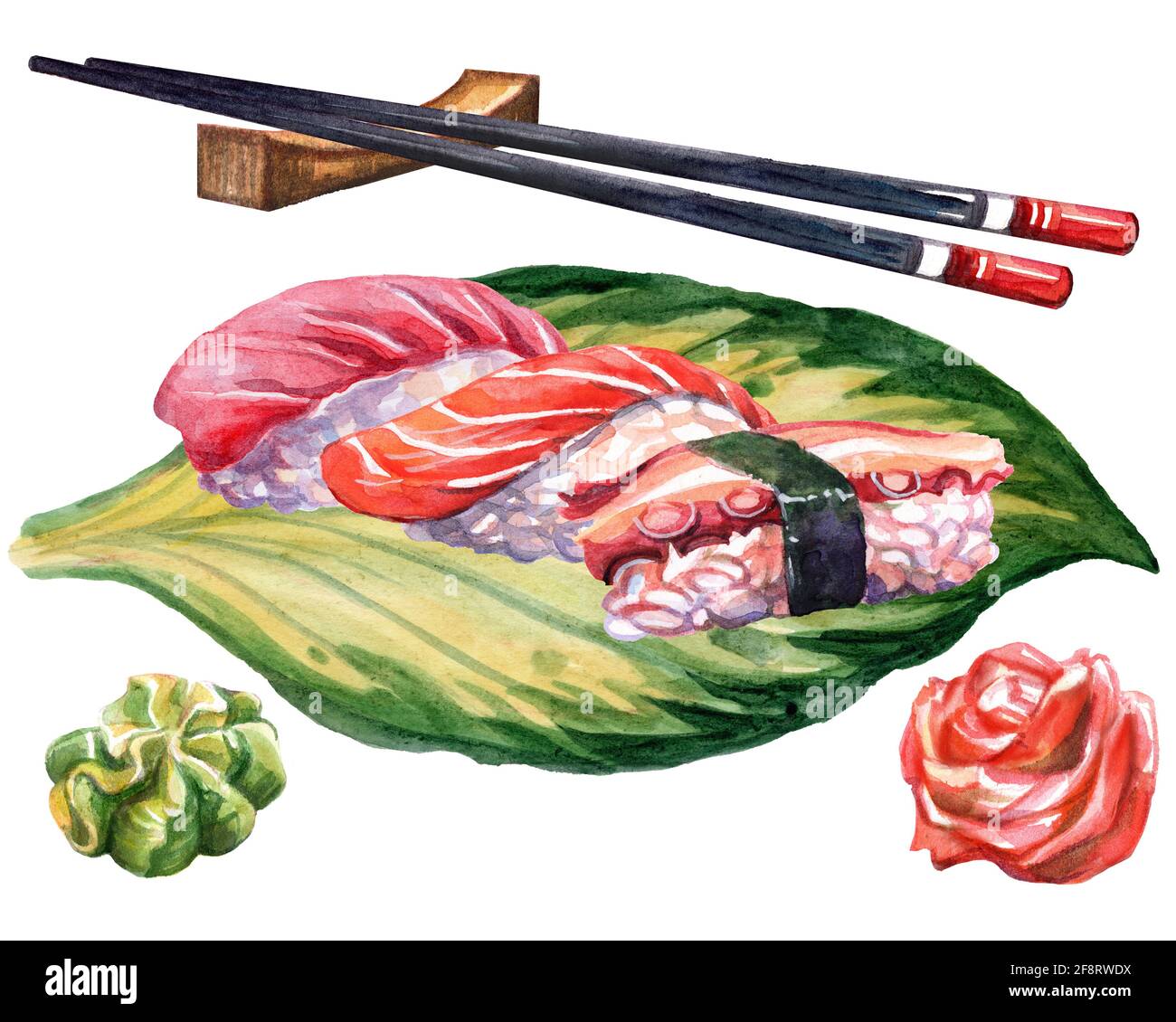 Japanese cuisine sushi with chopsticks on green leaf, watercolor ...