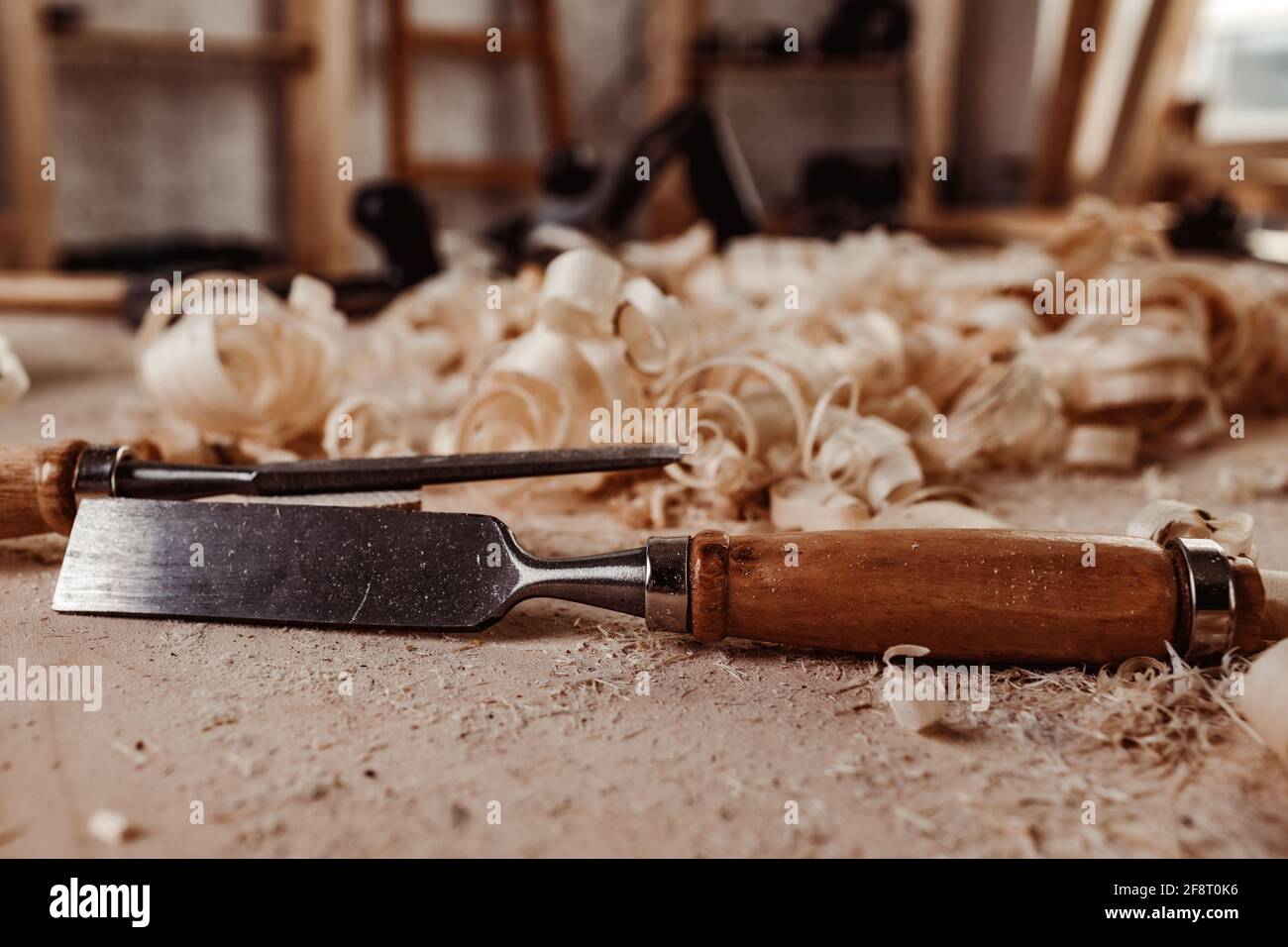 Carpenter's chisel, woodwork tool on the desktop in the workshop Stock ...