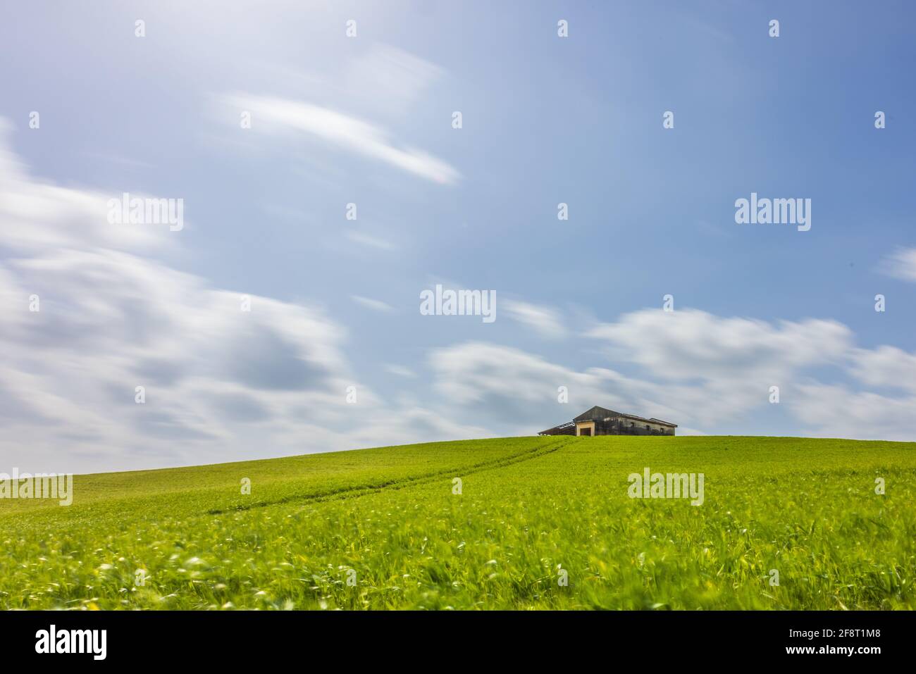 Grassland and a building in the far under the cloudy sky Stock Photo ...