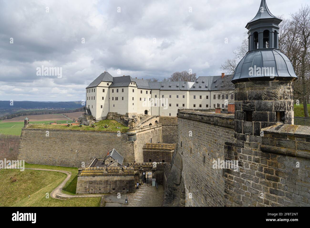 14 April 2021, Saxony, Königstein: Panoramic view onto the walls of the ...