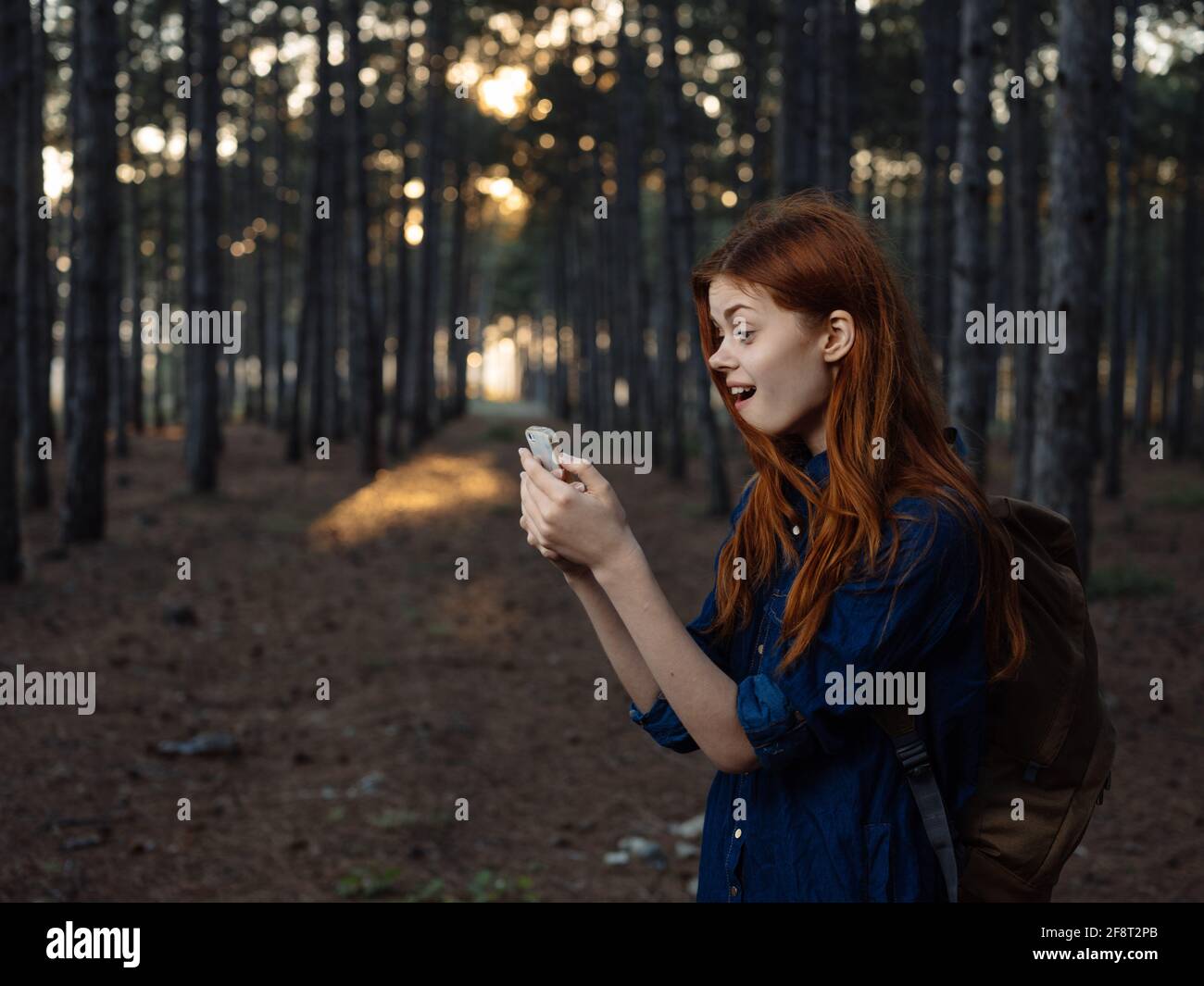 Happy woman in pine forest with mobile phone navigator tourism model ...