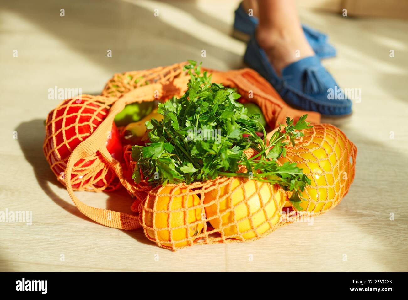 Shopping string grocery reusable mesh bag full of fresh fruits and ...