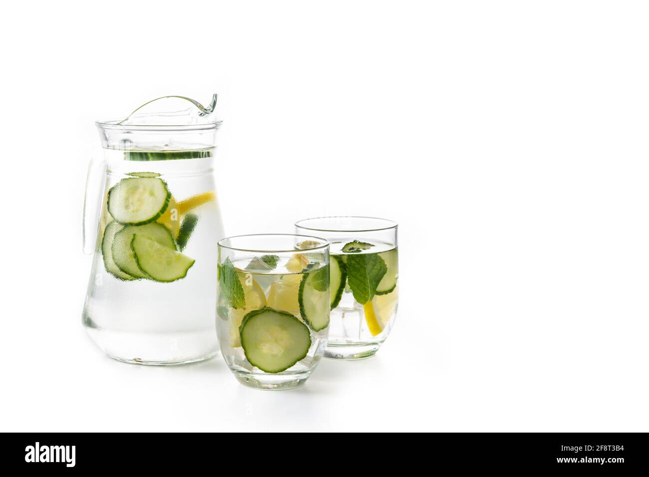 Sassy water or water with cucumber and lemon in jar isolated on white ...