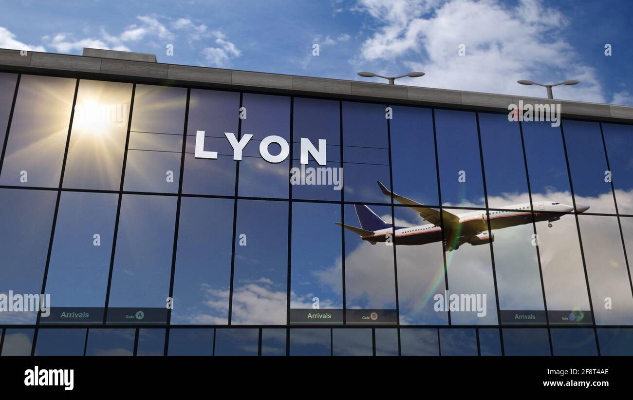 Jet aircraft landing at Lyon, France 3D rendering illustration. Arrival ...