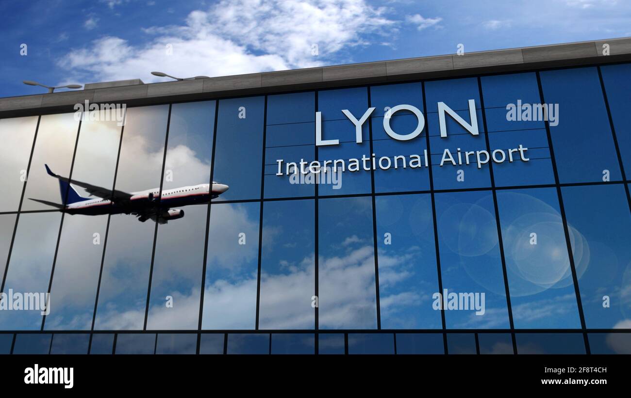 Jet aircraft landing at Lyon, France 3D rendering illustration. Arrival ...