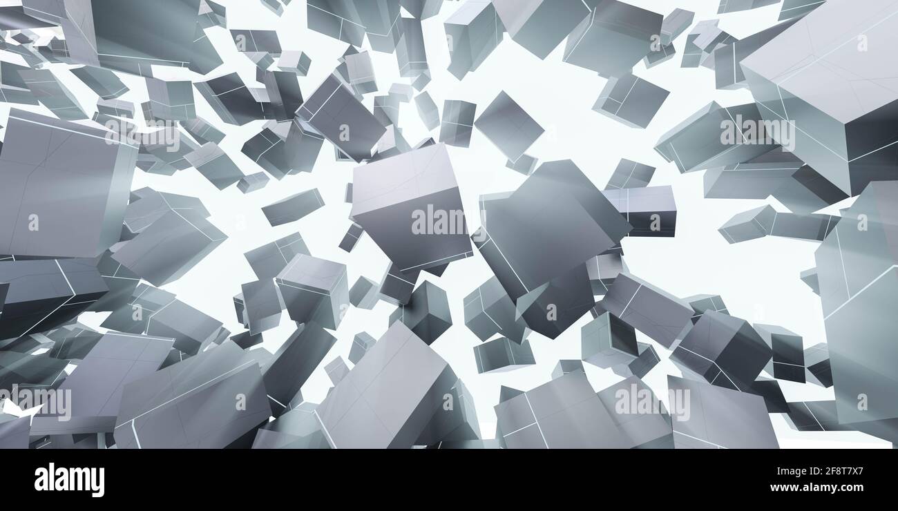 flying dynamic black cubes bricks explosion concept 3d render ...