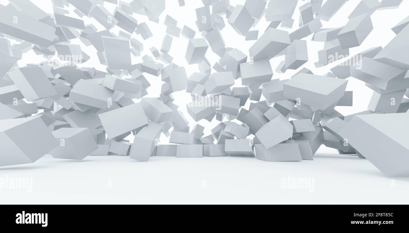 flying white bricks cubes explosion dynamic destruction 3d render ...
