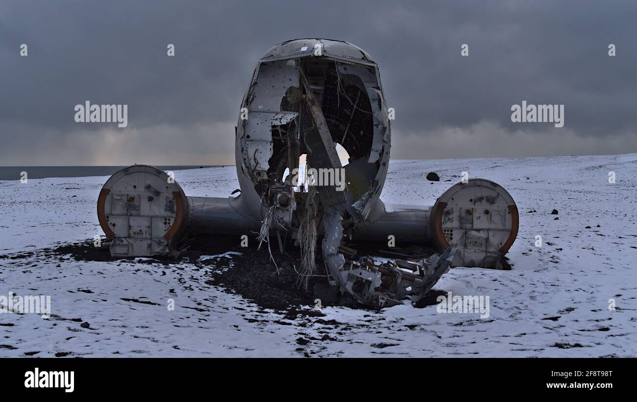 Front view of abandoned plane wreckage of a DC-3 (C-117) airplane on ...
