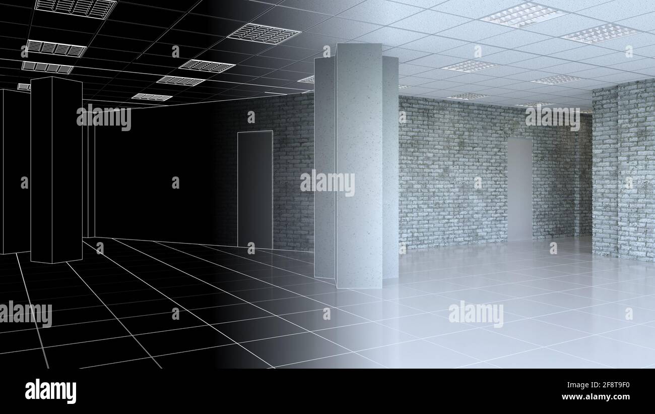 visualization of a large empty interior, 3D illustration Stock Photo ...