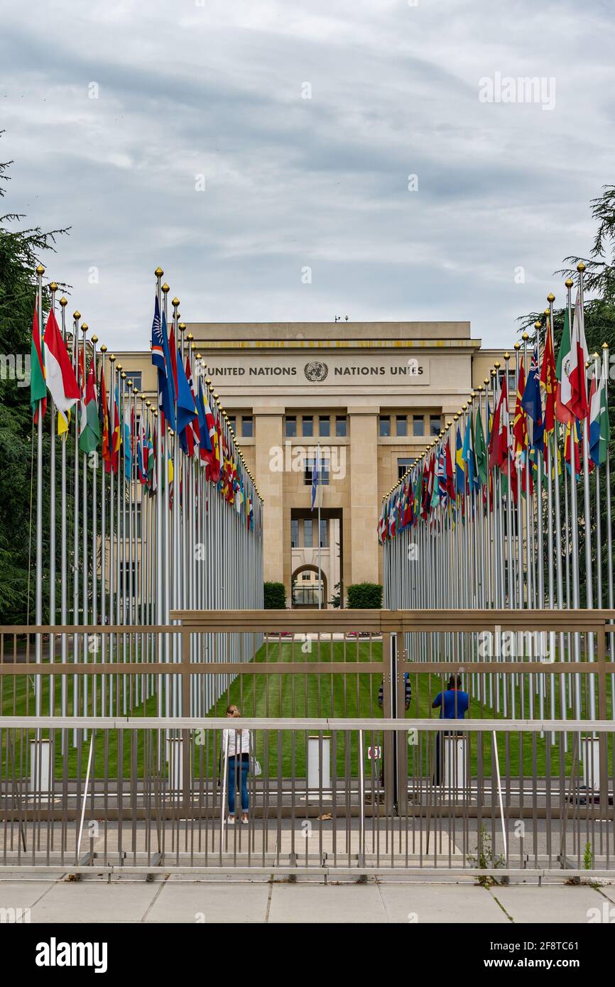 GENEVA, SWITZERLAND - JUNE 21, 2019: Vertical photo of The UN ...