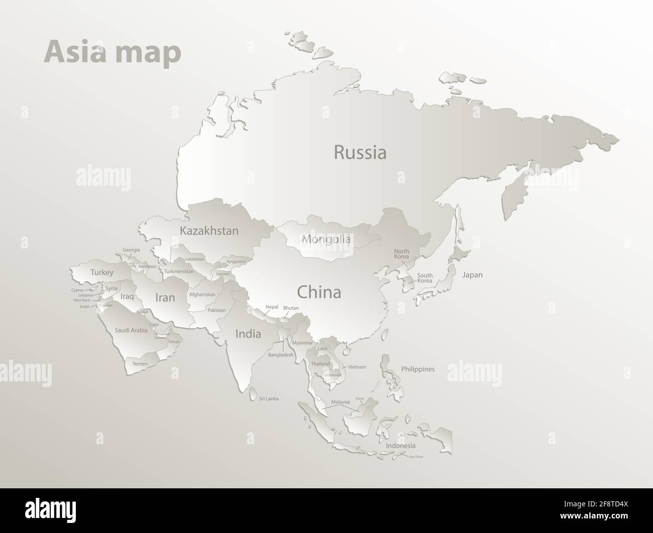 Asia map, separates states and names, card paper 3D natural vector ...