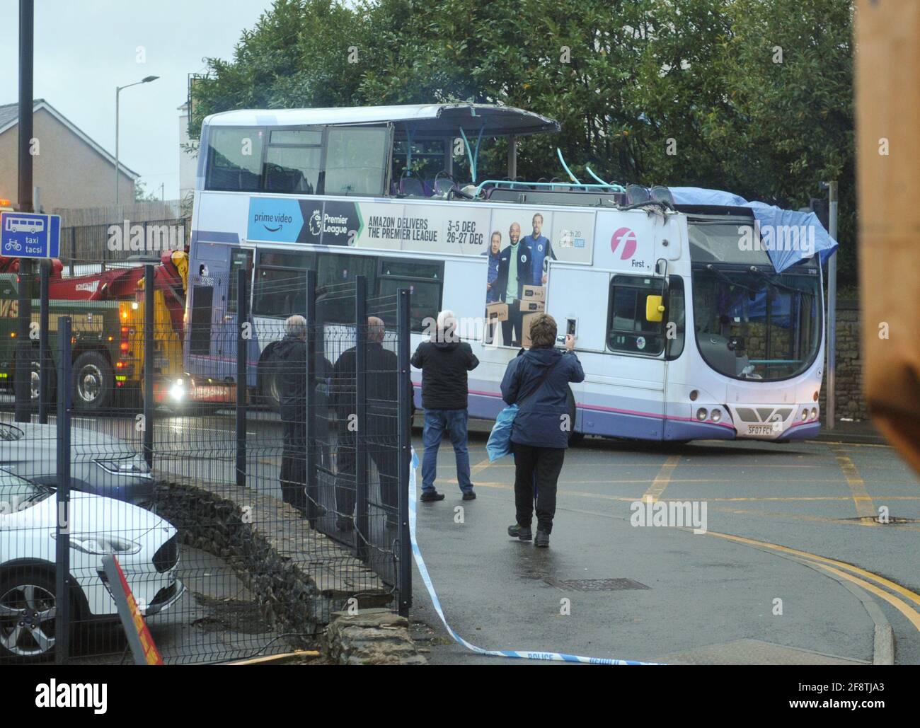 Swansea, 12th December 2019 The double-decker bus that struck a bridge ...