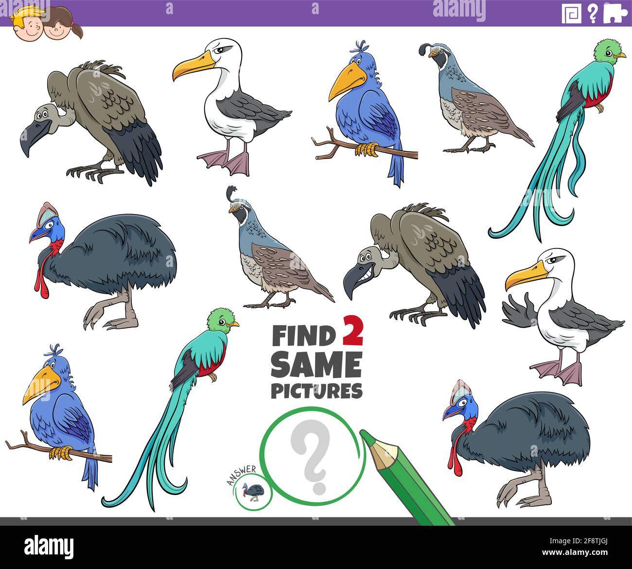 Cartoon illustration of finding two same pictures educational game with ...