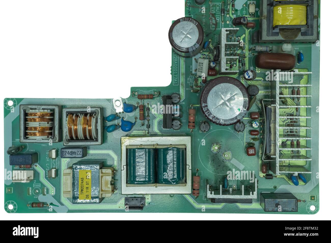 Modern LCD TV power supply board. Isolated on a white background. Top ...