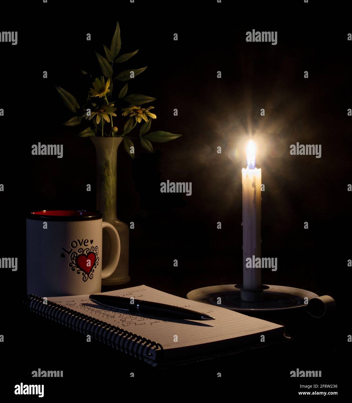 Writing in candle light. Coffee mug and vase with flowers behind ...