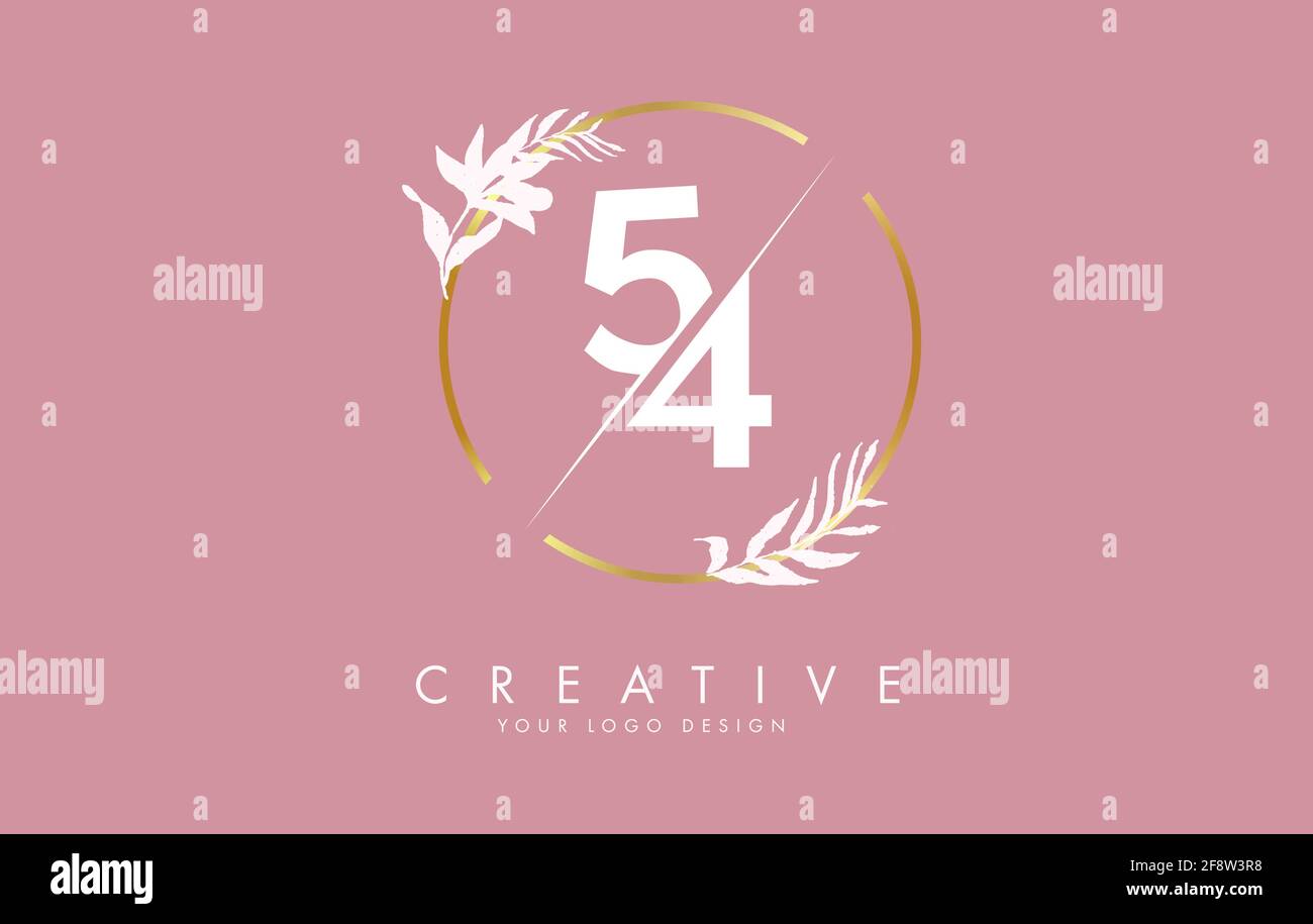 Numbers 54 5 4 logo design with golden circle and white leaves on ...