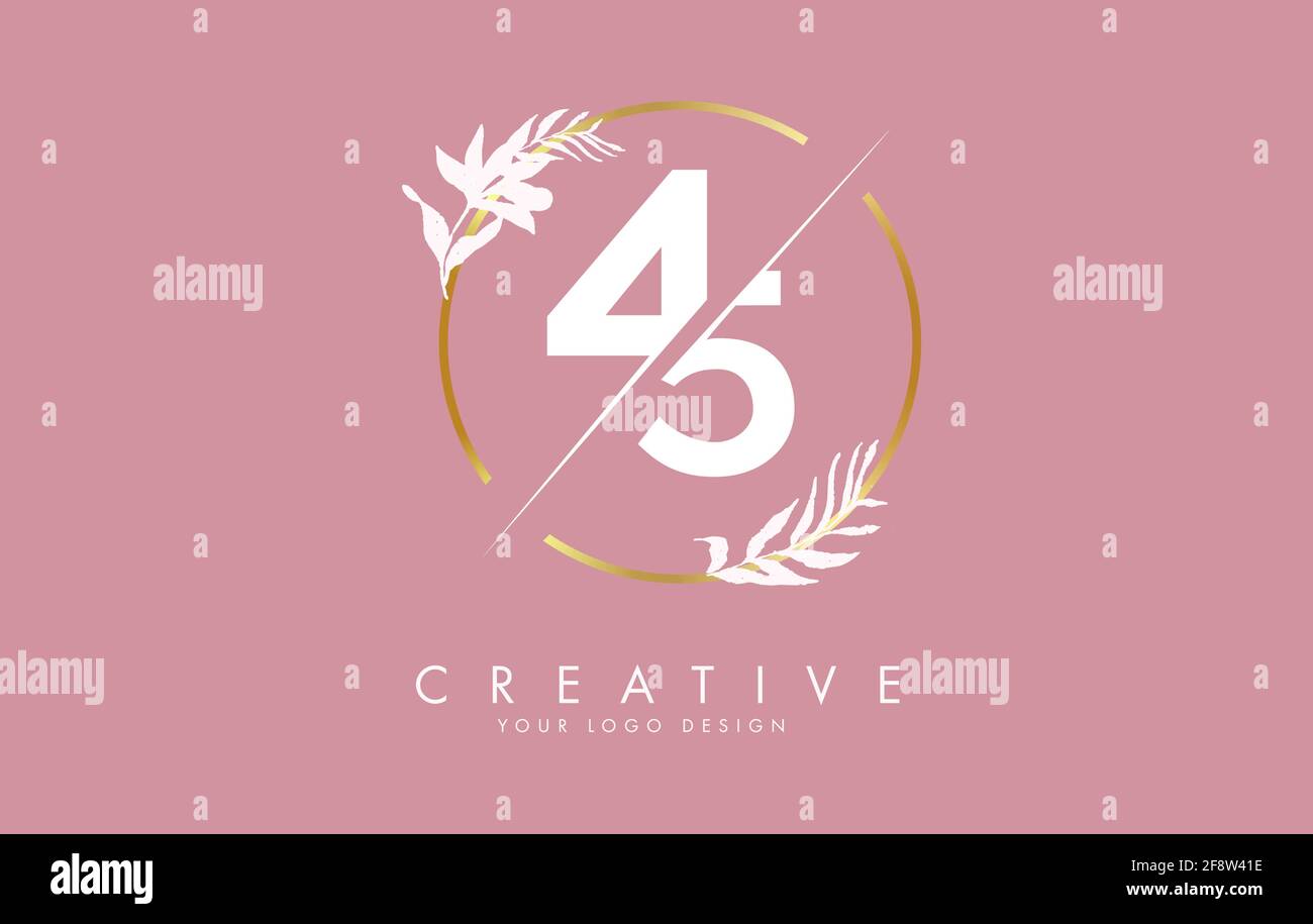 Numbers 45 4 5 logo design with golden circle and white leaves on ...
