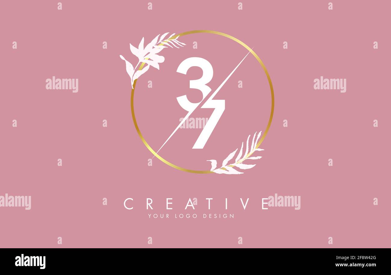 Numbers 37 3 7 logo design with golden circle and white leaves on ...