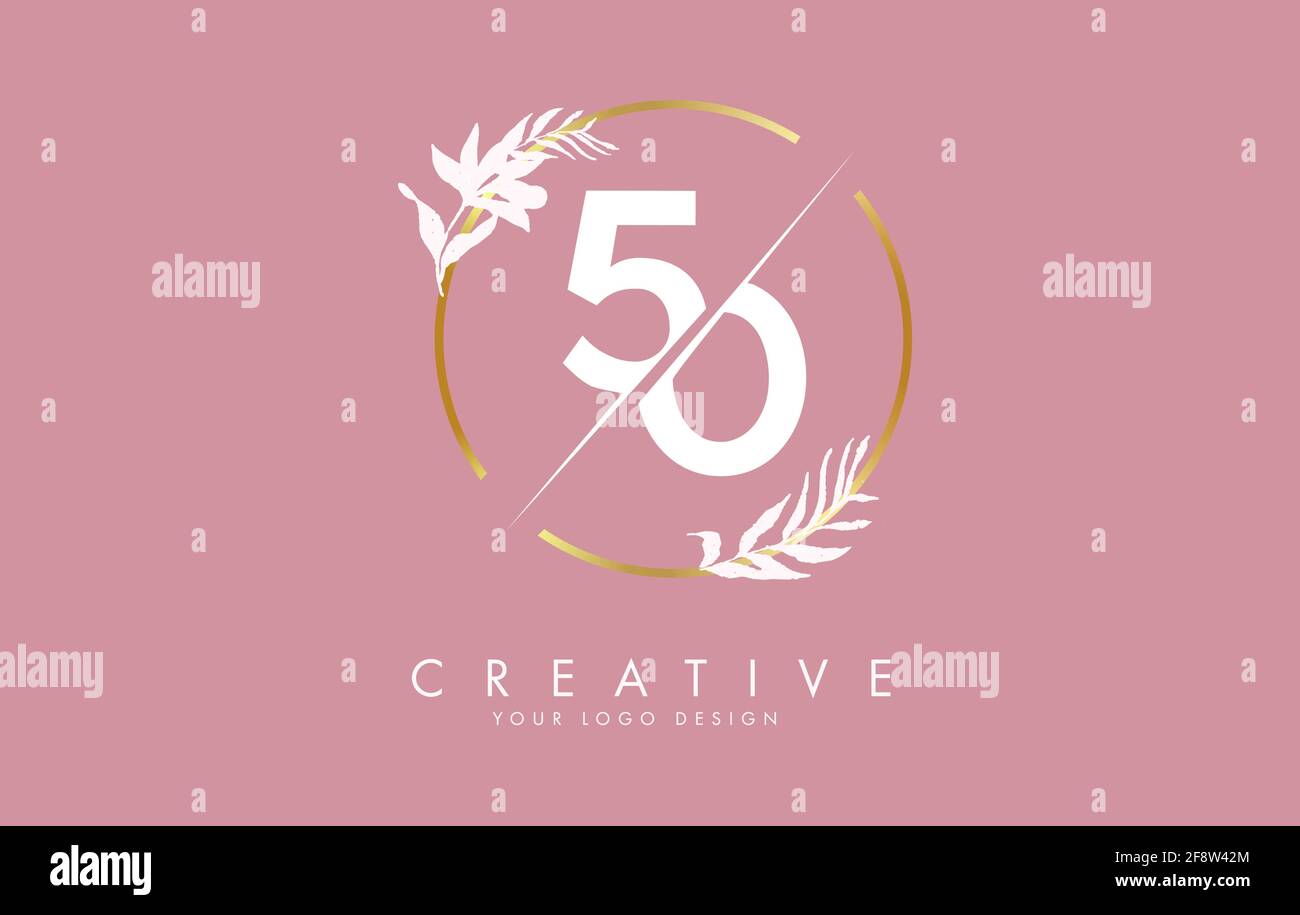 Numbers 50 5 0 logo design with golden circle and white leaves on ...