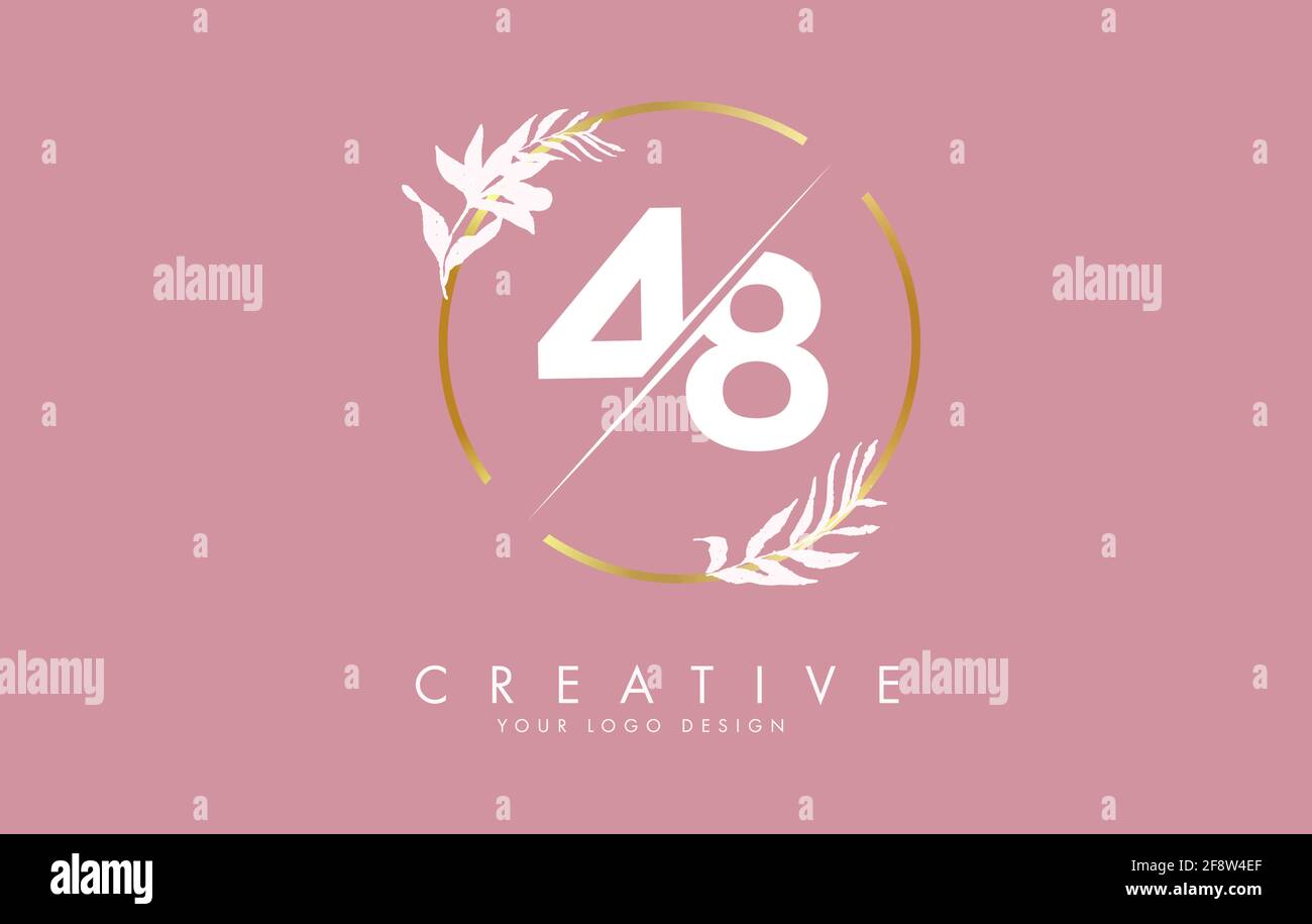 Numbers 48 4 8 logo design with golden circle and white leaves on ...