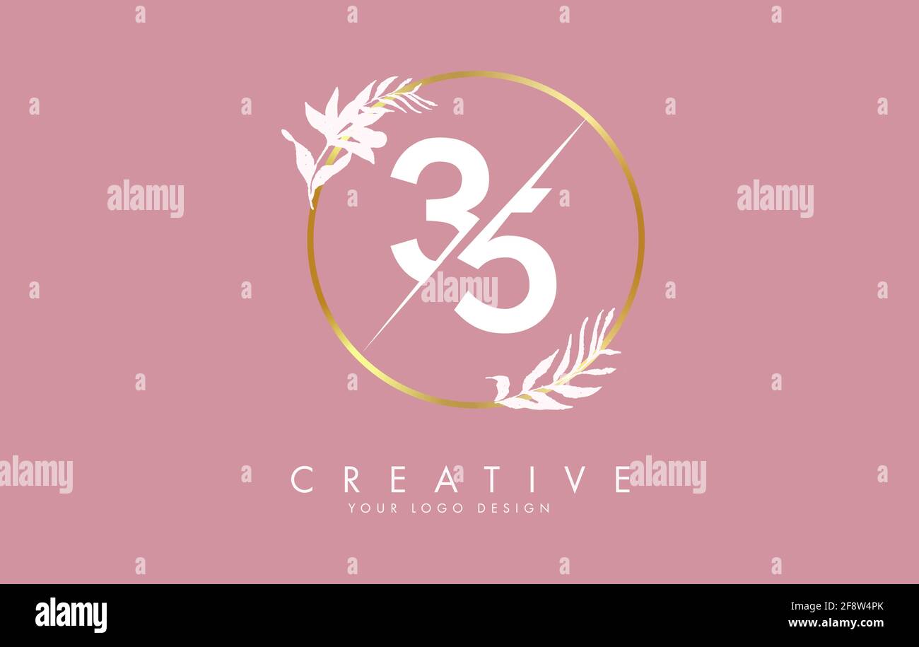 Numbers 35 3 5 logo design with golden circle and white leaves on ...