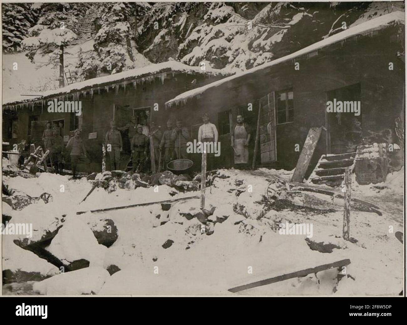 Team barracks at 1700 m altitude, Contrin Canyon Stock Photo - Alamy