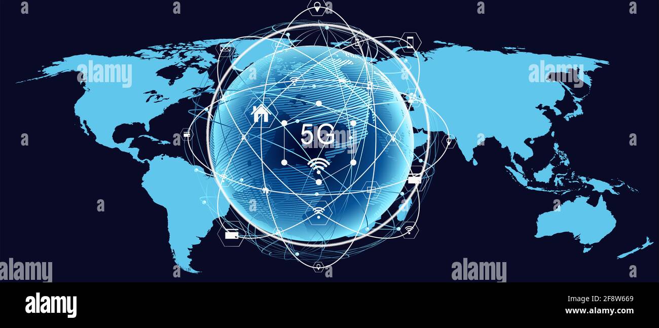 5G technology concept.World map digital background. 3D illustration ...