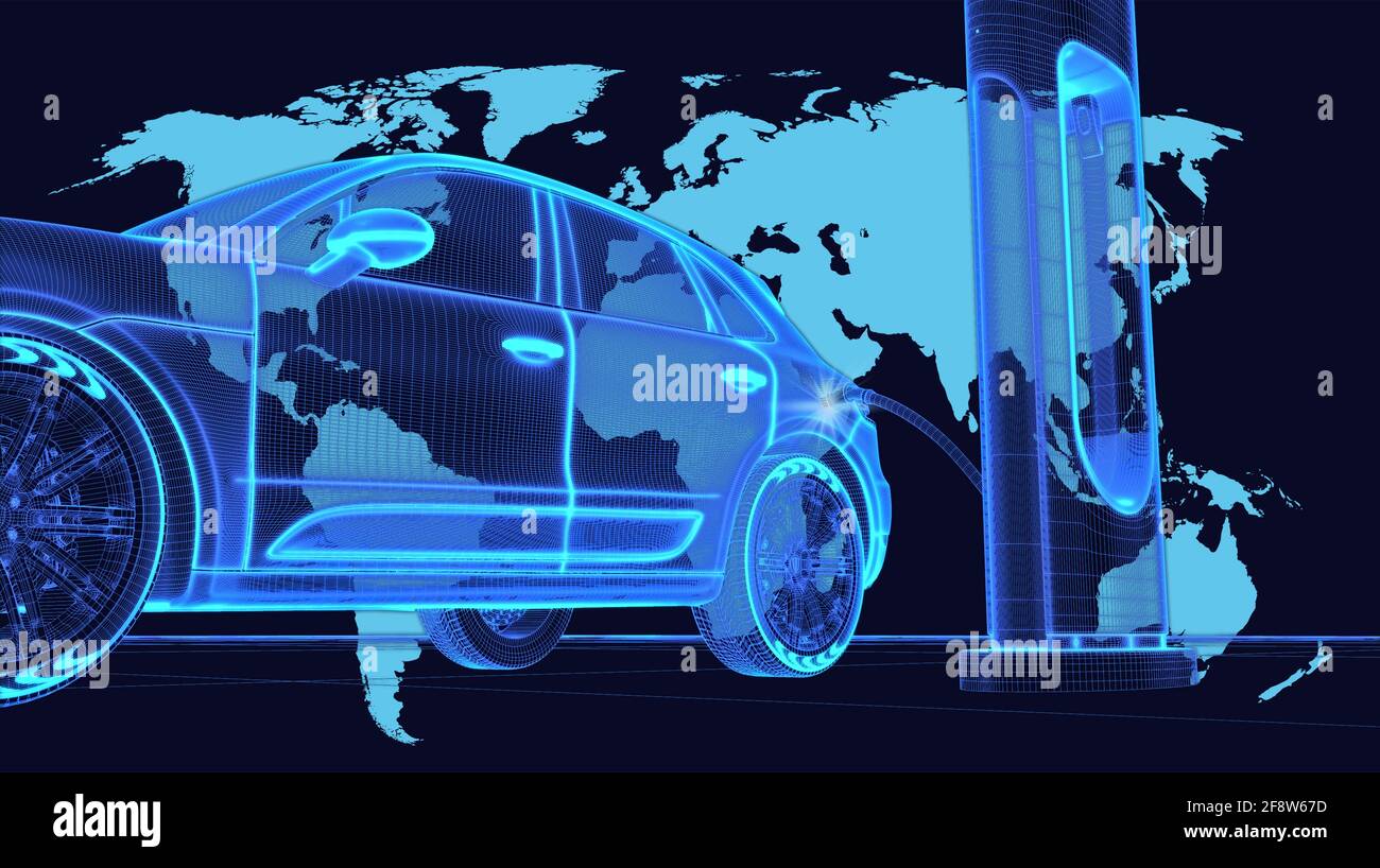 Electro mobility e-motion concept. Digital electric car at charging ...