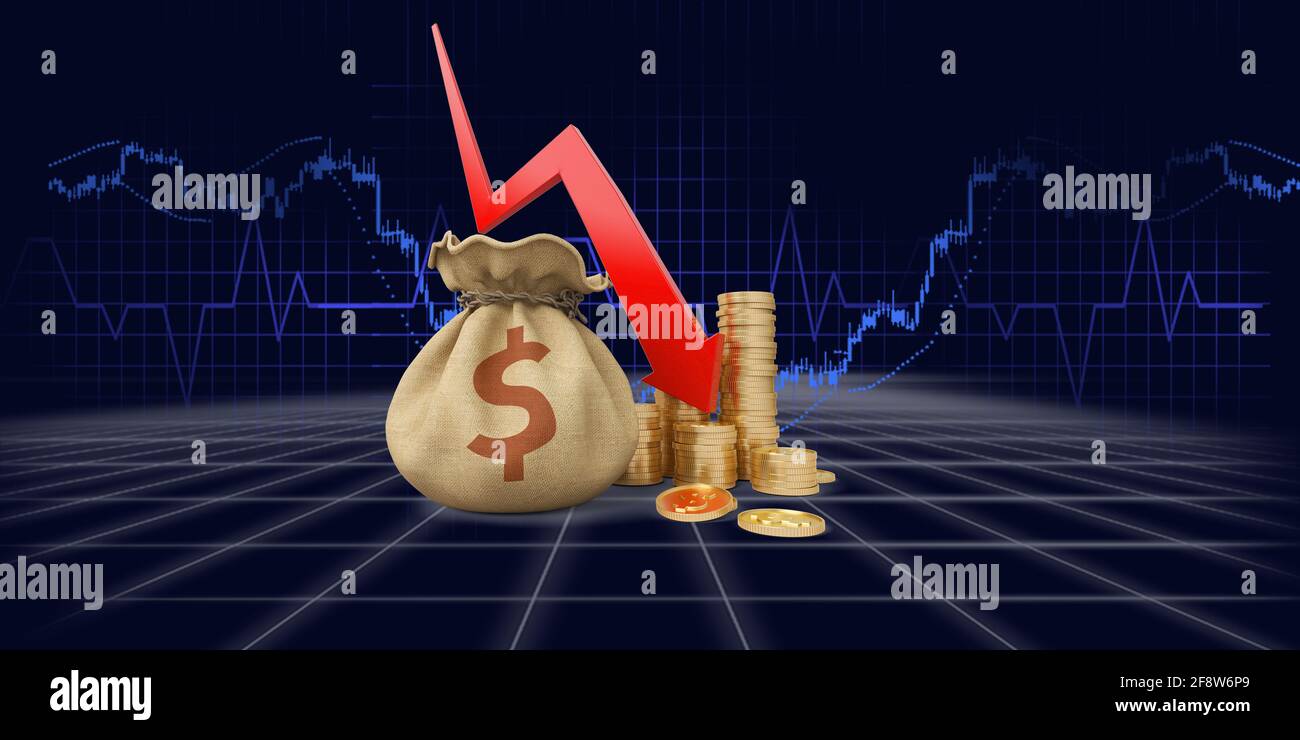 Money bag with the dollar sign and an arrow pointing down. The fall and ...