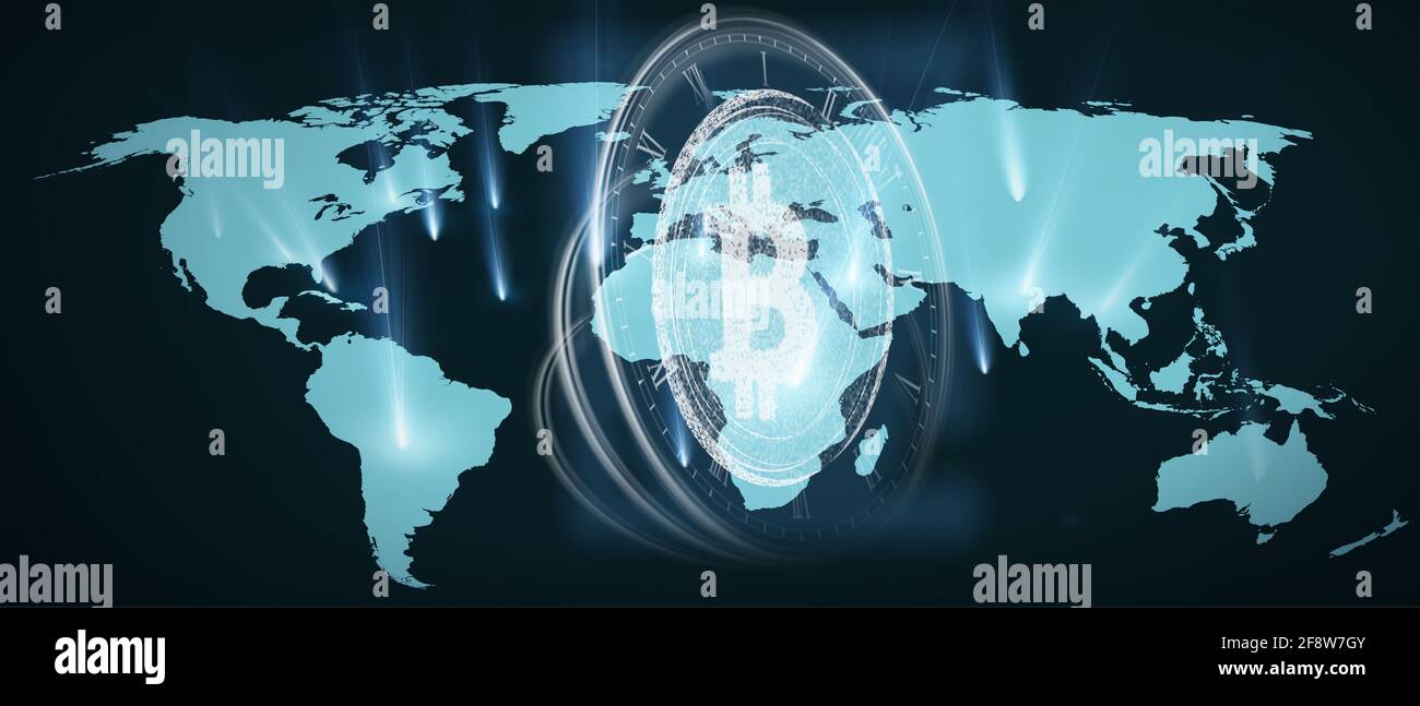 Global bitcoin crypto currency futuristic technology world map abstract background illustration ...