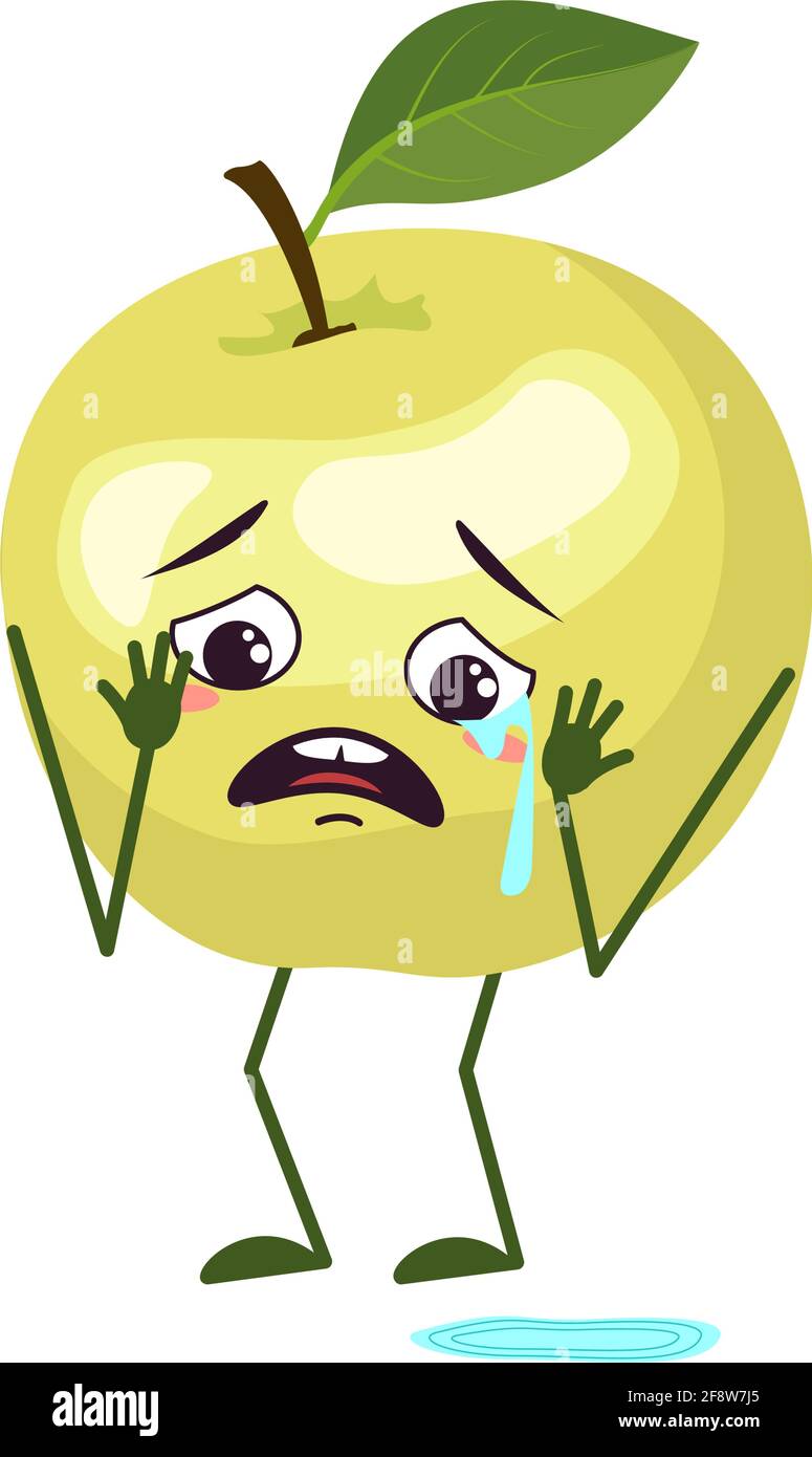 Cute apple characters with crying and tears emotions, face, arms and ...