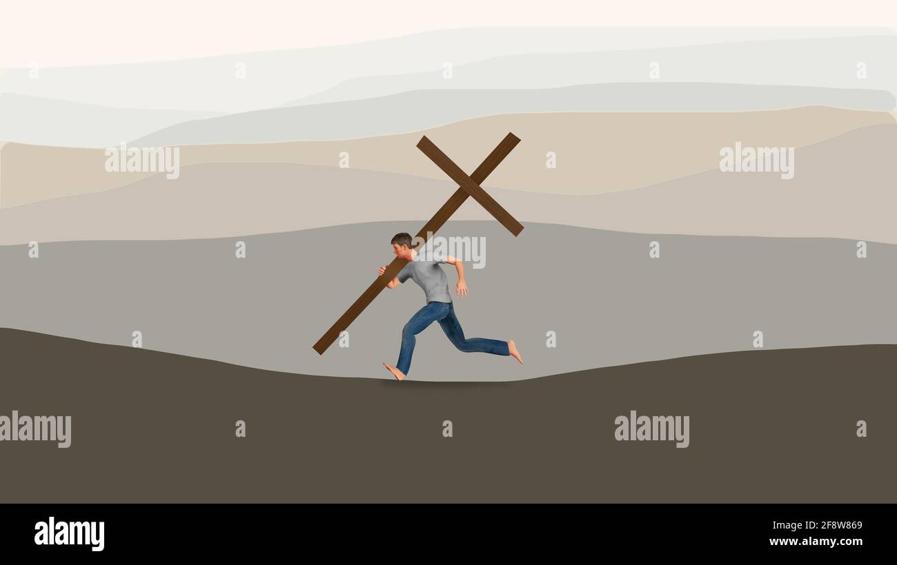 A young man runs while carrying a large wooden cross in front of a ...