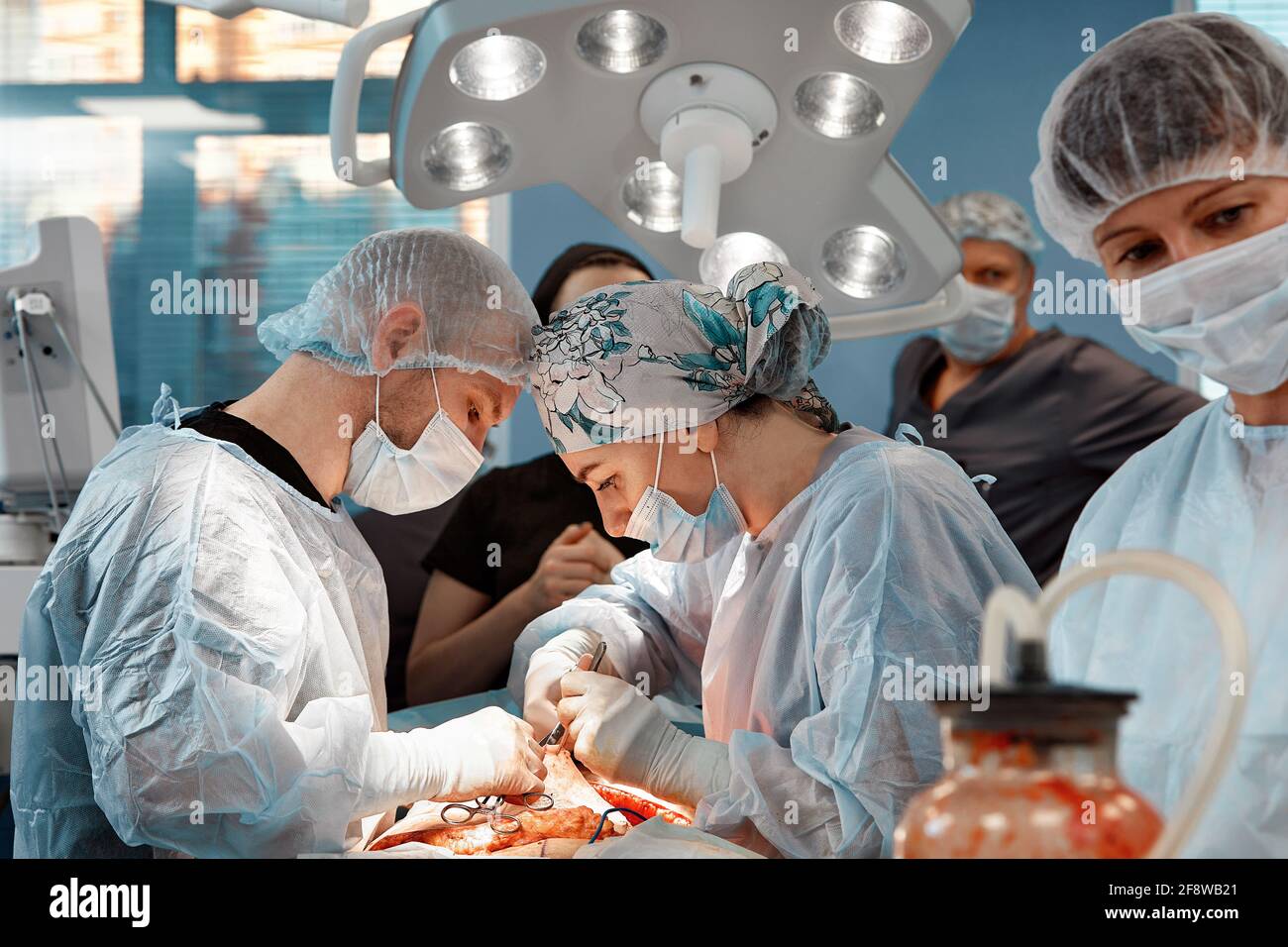 Surgical operation abdominoplasty. Surgical removal of fat tissue from ...