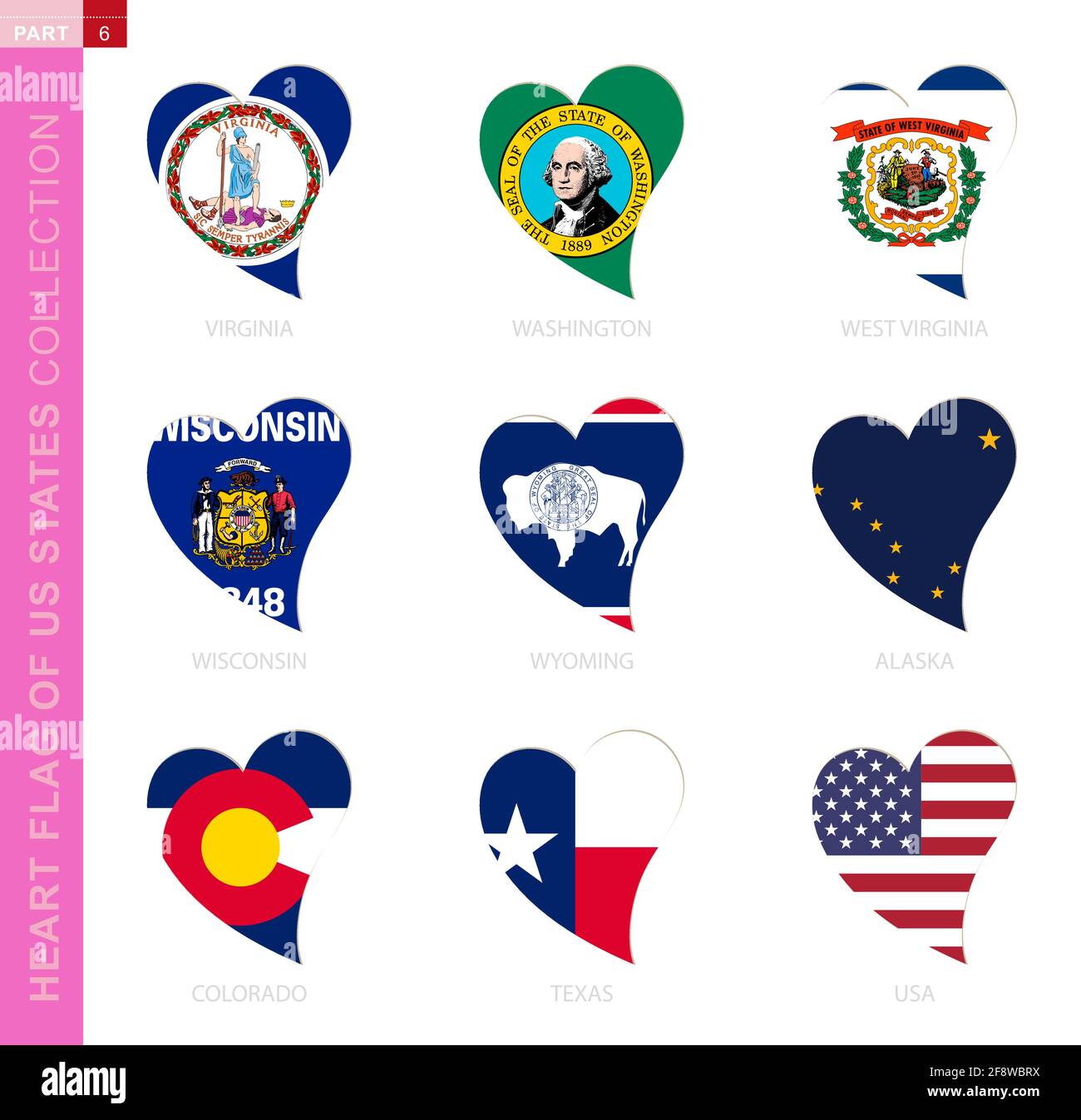 Сollection of US State flags in the shape of a heart. 9 heart icon with ...