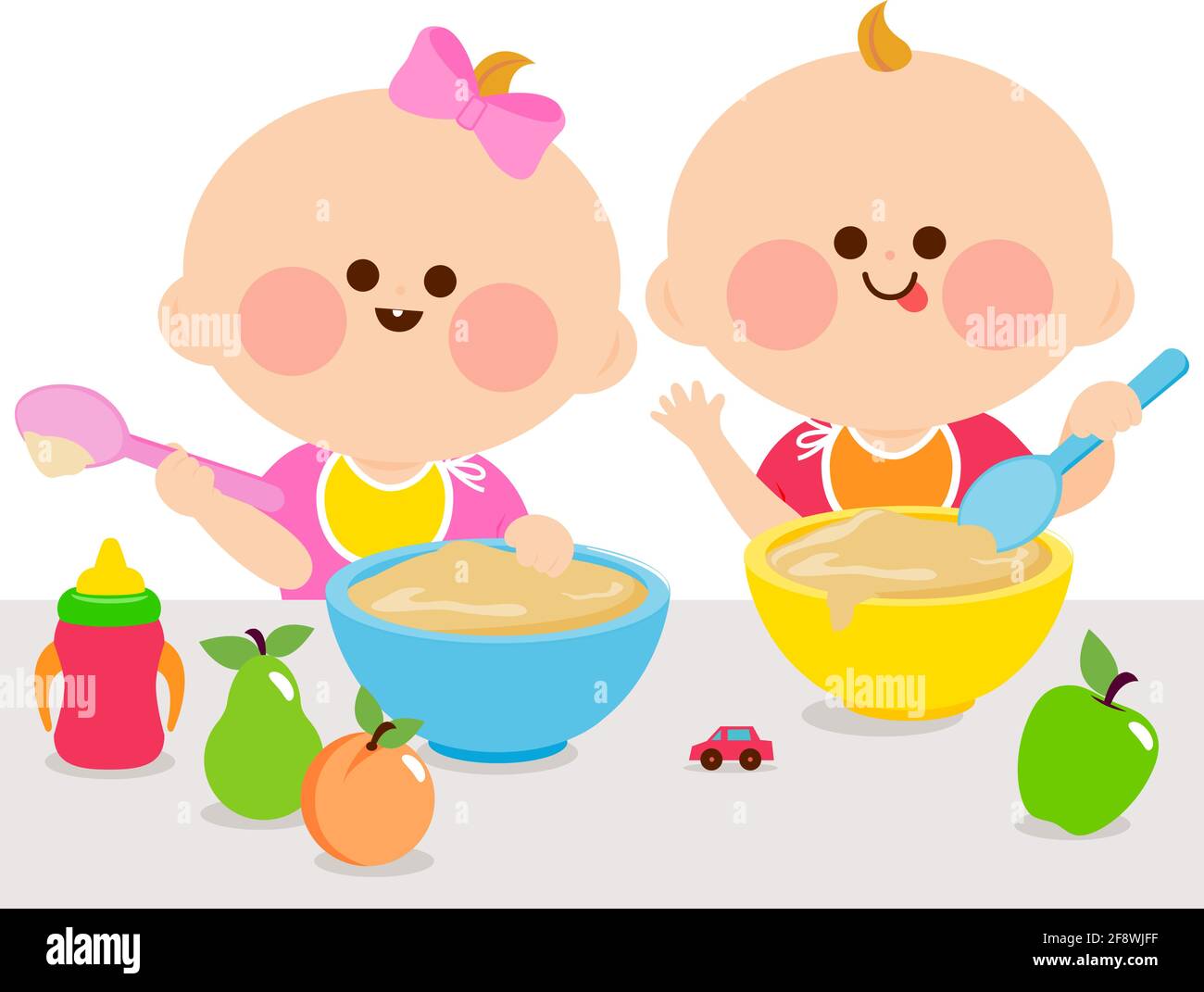 Babies eating cereal. Vector illustration Stock Vector Image & Art - Alamy