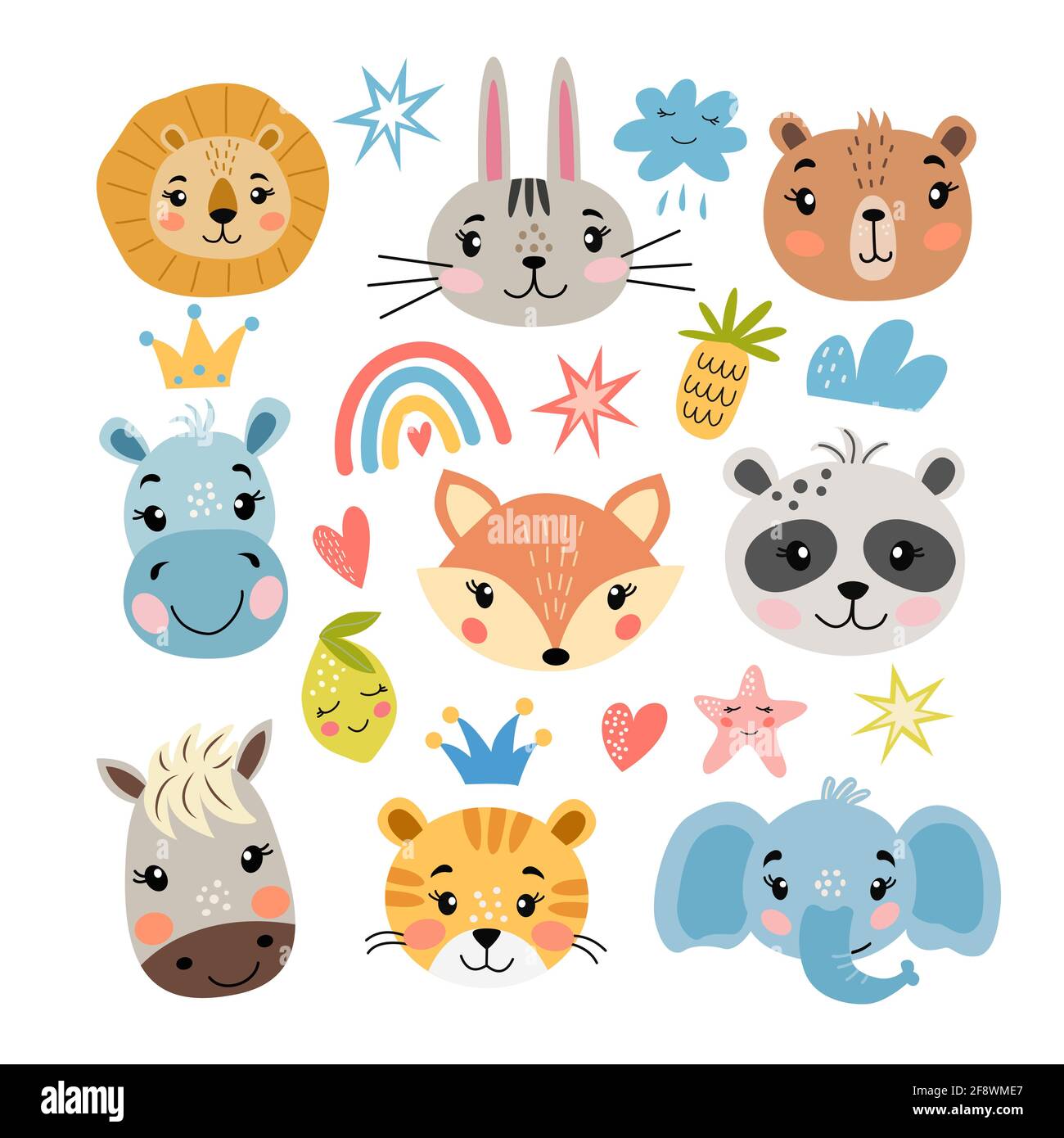 Set of cartoon faces of animals, fruits, rainbows Stock Vector Image ...